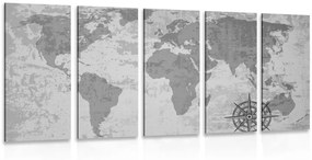 5-dílný obraz stará mapa světa s kompasem v černobílém provedení