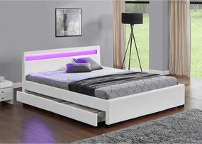 Manželská postel s úložným prostorem, RGB LED osvětlení, bílá ekokůže, 160x200, CLARETA