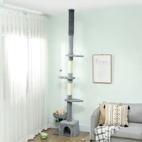 PawHut škrabadlo pro kočky od podlahy ke stropu, výškově nastavitelná vícepodlažní věž pro kočky 225-255 cm, plyšový potah, šedá