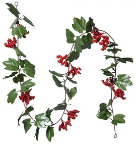 Zelená vánoční girlanda s listy a červenými bobulemi - 180 cm
