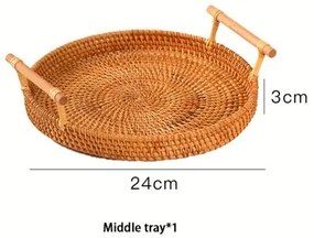 Kulatý servírovací ratanový podnos s dřevěnou rukojetí Rozměr: průměr 24 cm