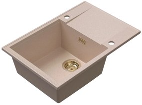 Sink Quality Sink55, kuchyňský granitový dřez 680x460x215 mm + zlatý sifon, béžová, SKQ-SINK.P.1KDO.XG