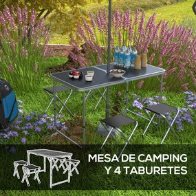 Outsunny 5-dílná kempingová sada skládacího stolu s židlemi, včetně 1 výškově nastavitelného stolu s otvorem na slunečník 120x60x55-70 cm a 4 skládac…
