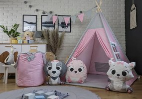 Dětský stan TEEPEE (TÝPÍ) ANIMALS s doplňky - RŮŽOVÁ PARTIČKA - růžový/šedý