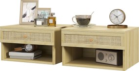 HOMCOM Set 2 Floating Nočních Stolků Závěsné Noční Stolky s Otevřeným Úložným Prostorem a Ratanovou zásuvkou pro Ložnici 40x34x23 cm Přírodní | Aosom