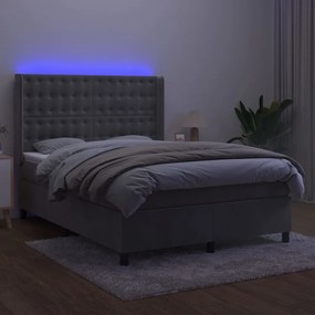 Box spring postel s matrací a LED světle šedá 140x200 cm samet 3139805