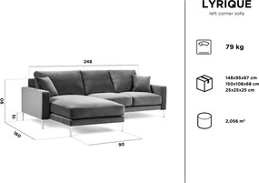 KOOKO HOME Čtyřmístná rohová sametová pohovka Lyrique levý roh
