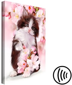Obraz Rozkošný kotě (1-dílný) svislý - zvíře na pozadí růžových květů