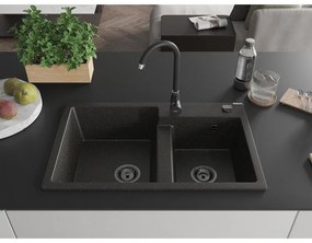 Mexen Tomas, granitový dřez 800x500x190 mm, 2-komorový, černá-zlatá metalíza s černým sifonem, 6516802000-75-B