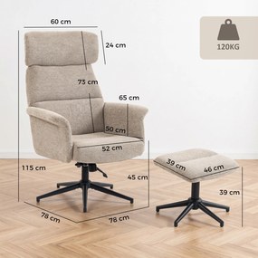 HOMCOM otočné křeslo s podnožkou a opěrkou hlavy, světle hnědé