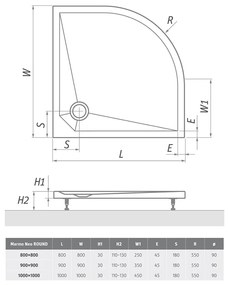 Roth Marmo Neo Round, Sprchová vanička čtvrtkruhová 90x90 cm MAN RO 090090 2E