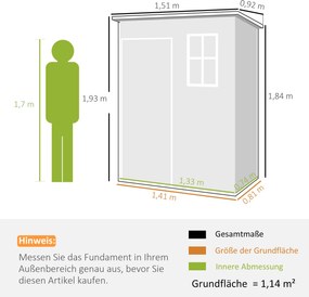 Zahradní kůlna Outsunny 1,14 m² - uzamykatelné dveře, ventilace a okno - rozměry 151D x 92Š x 193V cm - plast, šedá