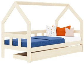 Benlemi Dětská postel domeček FENCE 2v1 ze dřeva se zábranou a úložným šuplíkem Zvolte barvu: Šalvějová zelená, Zvolte rozměr: 90x190 cm, Zvolte zábranu: S otevřeným vstupem