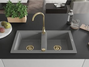 Mexen Mario, granitový dřez 820x436x161 mm, 2-komorový, šedá se zlatým sifonem, 6504822000-71-G