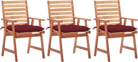 vidaXL Zahradní jídelní židle s poduškami 3 ks masivní akáciové dřevo [3064367] Barva: vínová červená