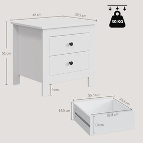 HOMCOM Moderní noční stolek se 2 zásuvkami, odkládací stolek s podložkami na nohy do ložnice, bílý