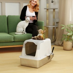 PawHut Zásobník na stelivo, kočičí toaleta s víkem, lopatkou na stelivo, předním vstupem a horním výstupem z nerezové oceli do 7 kg