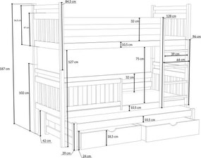 Dětská patrová postel z masivu borovice PETR s přistýlkou a šuplíky - 200x90 cm