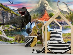 Fototapeta Realistické dinosaury - ještěři na pozadí krajiny s sopkou a vodopádem