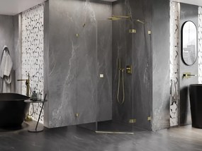 Mexen Lunar, výklopný pětiúhelníkový sprchový kout pravý 90 x 100 cm, 8mm čiré sklo, zlatý profil, 831-090P-100L-50-00-P