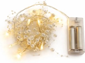LED světýlka na baterie, bílé perly, 1,3 m, teple bílá, 10 diod, čirý kabel, IP20 interiér, 2,× AA