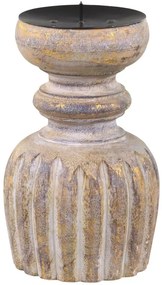 Zlato-přírodní antik dřevěný svícen na sloupovitou svíčku - Ø 9*15 cm