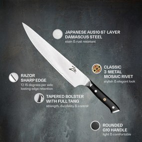 Alpha-Royal Japanese Series, 10" nůž šéfkuchaře, damašková ocel
