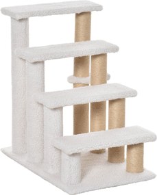 PawHut Kočičí schody 4-krokové se škrabadlem a míčkem pro psy, schody pro kočky do 5 kg, plyš a juta, bílá 60 x 40 x 64 cm | Aosom