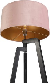Stojací lampa trojnožka černá s růžovým stínítkem a zlatem 50 cm - Puros