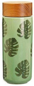 Sass & Belle Zelená keramická láhev s bambusovým víčkem a botanickým vzorem Cheese Plant