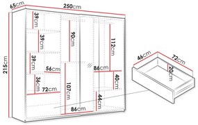 Šatní skříň se zrcadlem Tojwi 250, Barva: dub artisan / dub artisan + černá