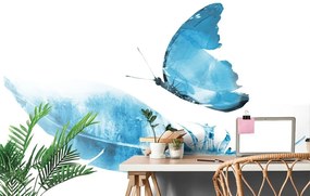 Samolepící tapeta pírko s motýlem v modrém provedení - 450x300 cm