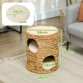 PawHut škrabací sud, 50 cm vysoký sud pro kočky se 2 jeskyněmi, škrabadlo s polštářem, věž pro kočky z vodního hyacintu, pro kočky do 3,5 kg, světle …