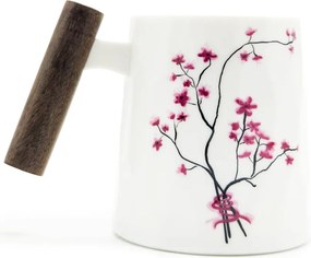 Porcelánový hrnek s dřevěnou rukojetí Sakura, 400 ml – bílý, s motivem sakury a vlnkovým reliéfem