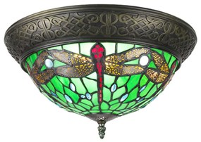 Zelené stropní Tiffany světlo s vážkami Dragonfly - Ø 38*20 cm E14/max 2*25W