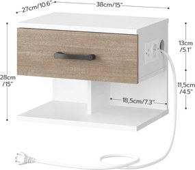 Závěsný noční stolek Verimi s nabíjecí stanicí 38 cm bílý/hnědý