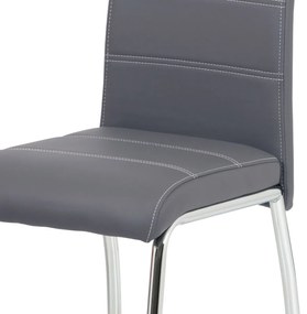 AUTRONIC Jídelní židle, potah šedá ekokůže, bílé prošití, kovová čtyřnohá chromovaná podn