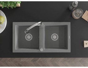 Mexen Mario, 2-komorový granitový dřez 820x436x161 mm a dřezová baterie Elia, šedá, 6504-71-670101-00
