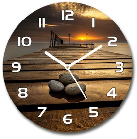 Wallmuralia Skleněné hodiny kulaté Dřevěné molo fi 30 cm