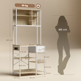 HOMCOM kuchyňský regál na mikrovlnnou troubu s policemi a 6 háčky pro malé prostory 80x40x181 cm, dub
