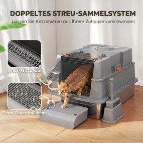 PawHut XXL nerezová toaleta pro kočky, objem 130 l — výklopné víko 180°, vysoké boky, lopatka a nášlap — pro až 3 kočky (do 10 kg každá) — 70 x 50 x …