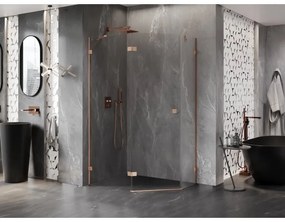 Mexen Lunar, Pětiúhelníkový sprchový kout Mexen Lunar naklápěcí doleva 100 x 80 cm, 8mm čiré sklo, profil měděná matná, 831-100L-080P-65-00-L