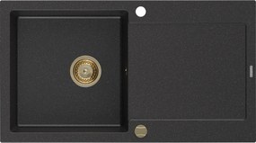 Mexen Leo, dřez granitový 900x500x190 mm, 1-komorový, černá-stříbrná metalíza se zlatým sifonem, 6501901010-73-G