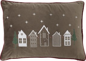 Mocca sametový povlak na polštář Aix s výšivkou domečků – 50*35 cm