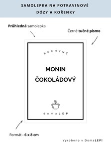 Samolepka na láhev MONIN ČOKOLÁDOVÝ 6 x 8 cm – průhledná vinylová, voděodolná, omyvatelná samolepka na dózy, tučné písmo
