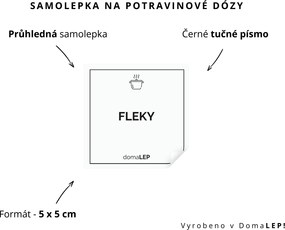 FLEKY - omyvatelná samolepka na dózu, výběr rozměrů Ø 5 cm / 5 x 5 cm / 6 x 8 cm | DomaLEP tvar: KOLEČKO, barva: PRŮHLEDNÁ - ČERNÉ písmo, velikost: Ø 5 cm - tučné písmo