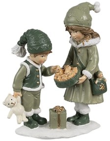 Dekorativní figurka děti v zeleném kabátku s tácem sušenek – 10x5x13 cm