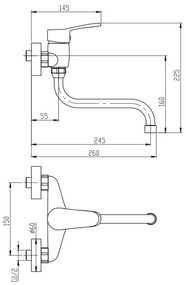 Dřezová, nástěnná, páková baterie Metalia Plano S ramínko 21 cm rozteč 150 mm