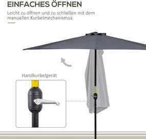 Outsunny Slunečník s kličkou Zahradní slunečník Slunečník Market, kovový, půlkruhový, šedý+černý | Aosom