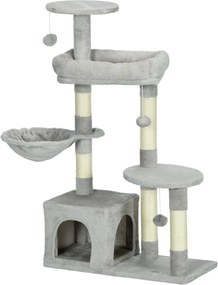 PawHut Kočičí stromek s škrabadlem, výška 104 cm, víceúrovňové zábavné centrum, zesílené sloupy, 3 visící míčky, světle šedá
